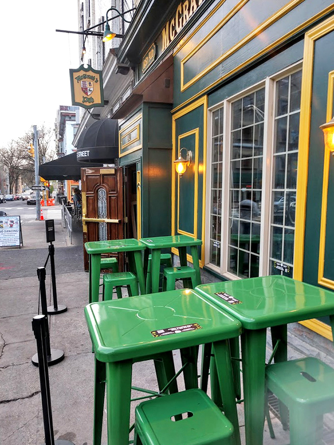 Bright green outdoor seating invites sidewalk people-watching while you sip something cold on those perfect Pennsylvania afternoons.