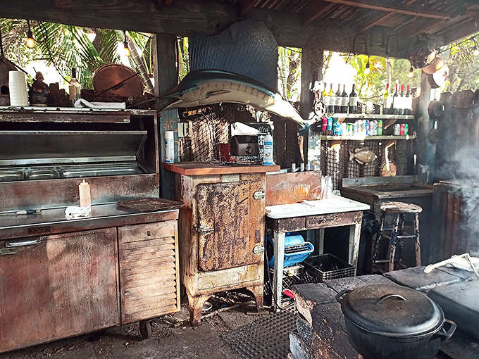 This outdoor kitchen might not look fancy, but it's where seafood magic happens with smoke, fire, and Florida soul.
