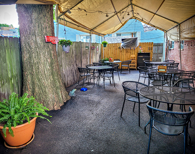 The unexpected oasis of outdoor seating &ndash; a secret garden for those who prefer their hash browns with a side of fresh air.