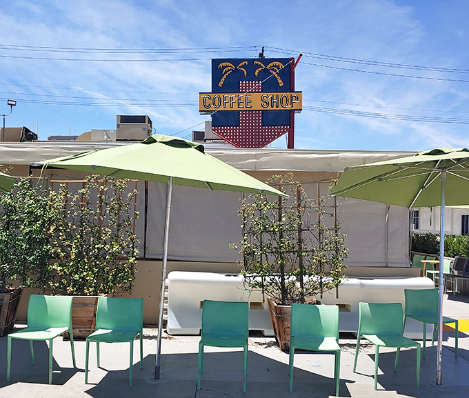 California sunshine dining under lime green umbrellas, where breakfast tastes better with a side of fresh air.