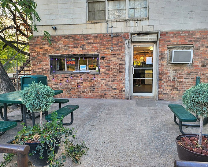 The entrance beckons with understated charm, flanked by potted plants standing guard like sentinels protecting the sacred burger grounds within.