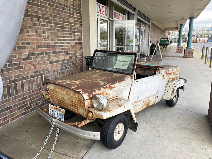 The rusted chariot outside says it all: here, patina isn't damage—it's character. This Jeep has earned every spot of rust.