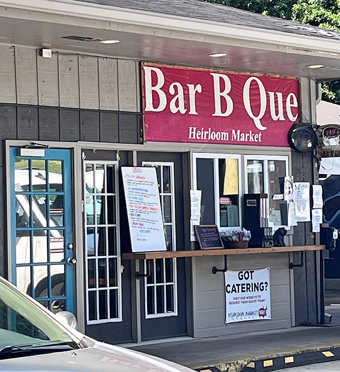 The blue door and ordering window have welcomed countless barbecue pilgrims seeking smoky enlightenment in Atlanta's suburbs.