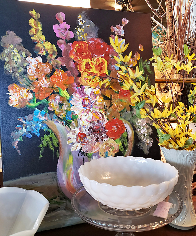 Vibrant brushstrokes bring eternal spring to this floral painting, paired with milk glass that catches light like morning frost.