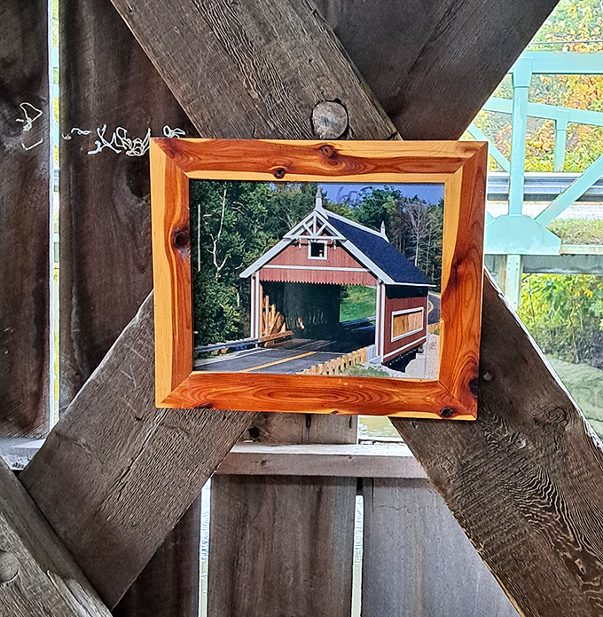 A framed photograph of the bridge hanging inside the bridge itself&mdash;it's like architectural inception, Ohio-style.