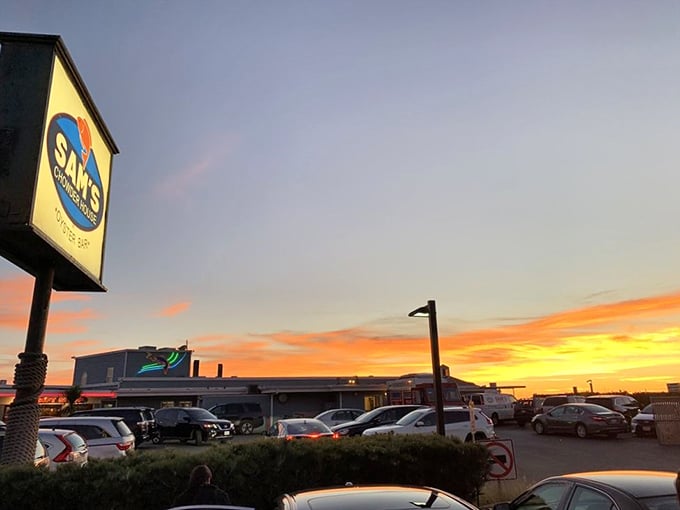 Even the parking lot fills with anticipation as hungry diners arrive for their legendary seafood experience.