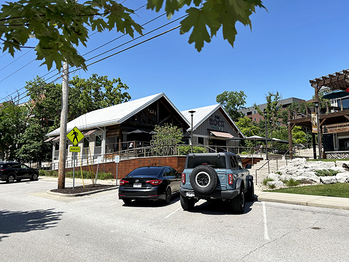 Even the parking area offers a glimpse of The Rock's charm &ndash; a modern lodge nestled in Springfield's landscape, promising delicious adventures within.
