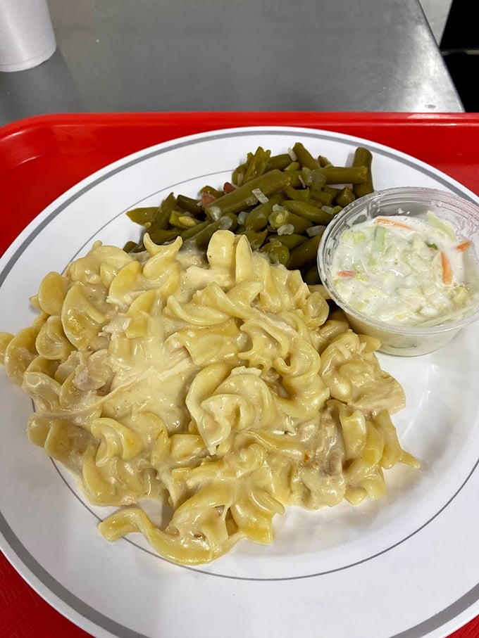 Creamy pasta with green beans and coleslaw&mdash;comfort food's greatest hits album on a single plate.