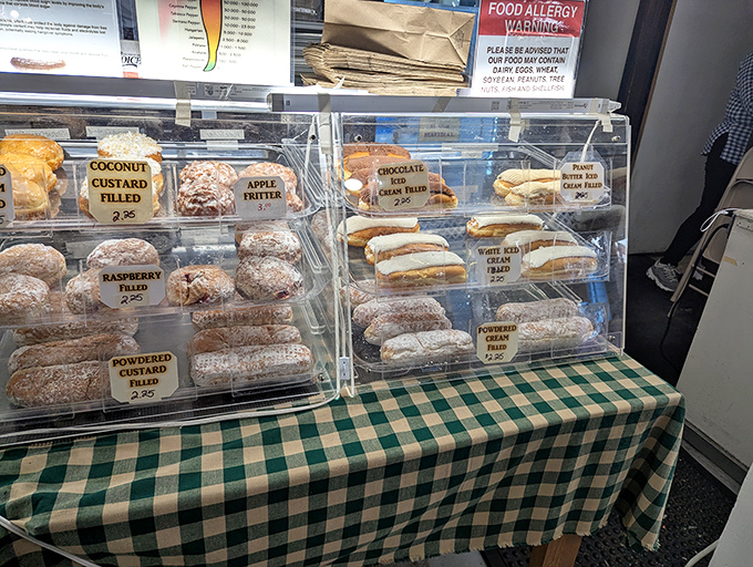 Pennsylvania Dutch pastries behind glass&mdash;the kind that make you wonder if calories consumed at flea markets actually count.