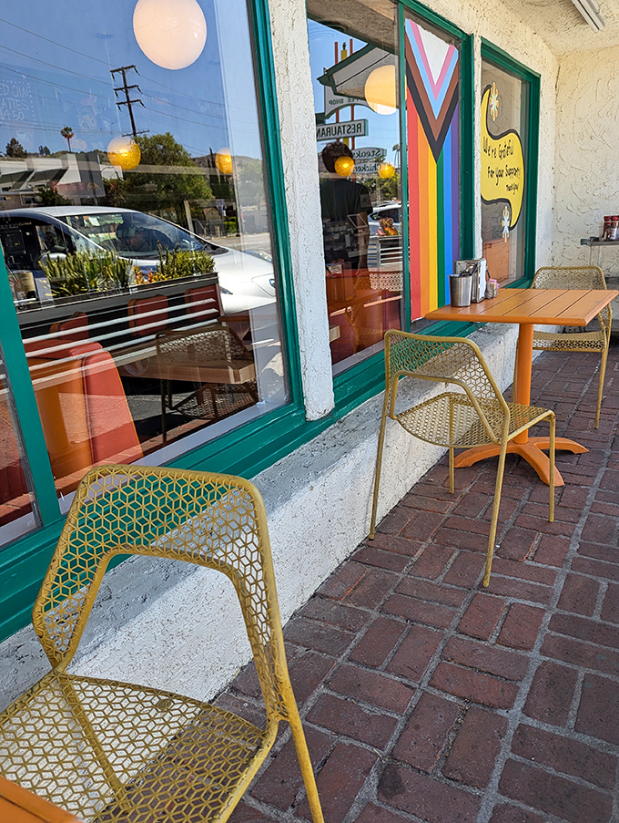 Even the patio seating has personality, with cheerful yellow chairs inviting you to enjoy your coffee with a side of California sunshine.