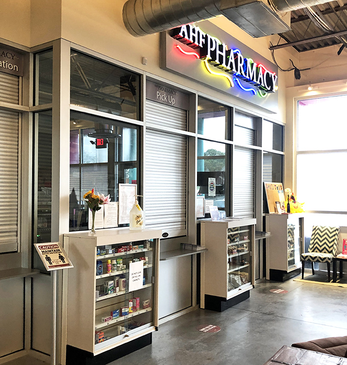 Not just thrift but health: the in-store pharmacy represents the store's mission, where your bargain hunting directly supports community healthcare services.