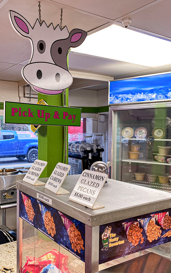 Cinnamon glazed nuts await under the watchful eye of the Moo Hope cow&mdash;because sometimes ice cream deserves a crunchy companion.