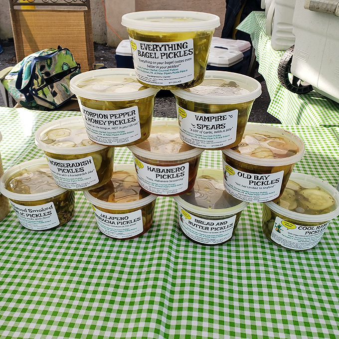 Pickle varieties stack like edible towers, offering flavors from traditional dill to adventurous vampire spears.