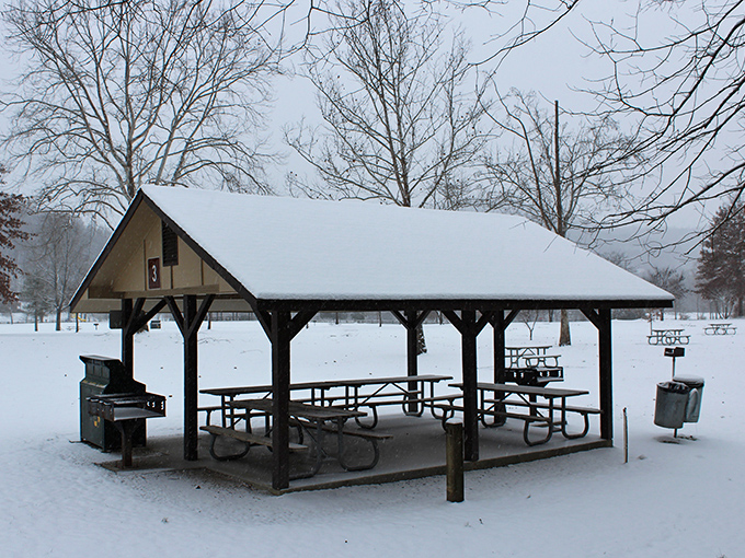 Winter blankets the picnic shelter in pristine snow, transforming summer's gathering spot into a serene portrait of seasonal solitude.