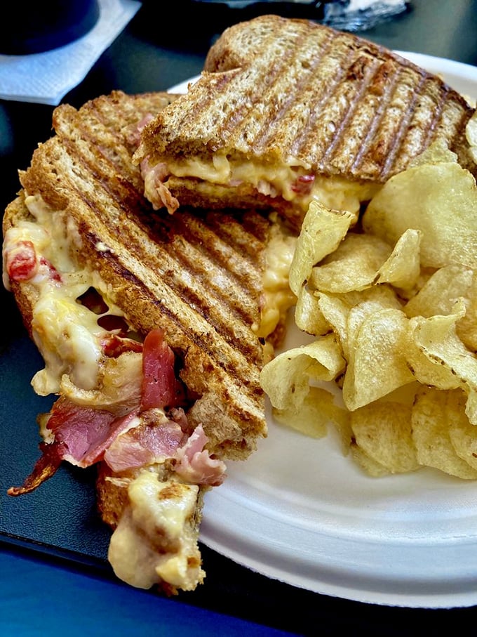 Behold the grilled sandwich in its natural habitat&mdash;golden, crispy, and oozing with melted perfection. Those chips aren't just sides, they're supporting actors in a delicious drama.