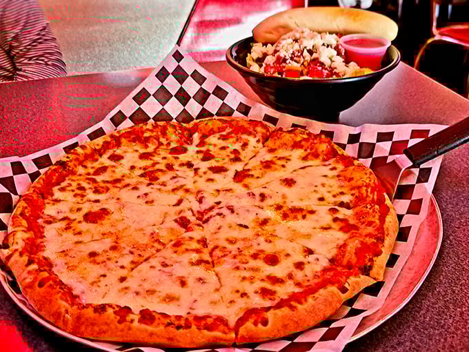 Pizza perfection in its most honest form. That cheese pull would make Instagram influencers weep with joy&mdash;but here, it's just Tuesday's dinner.