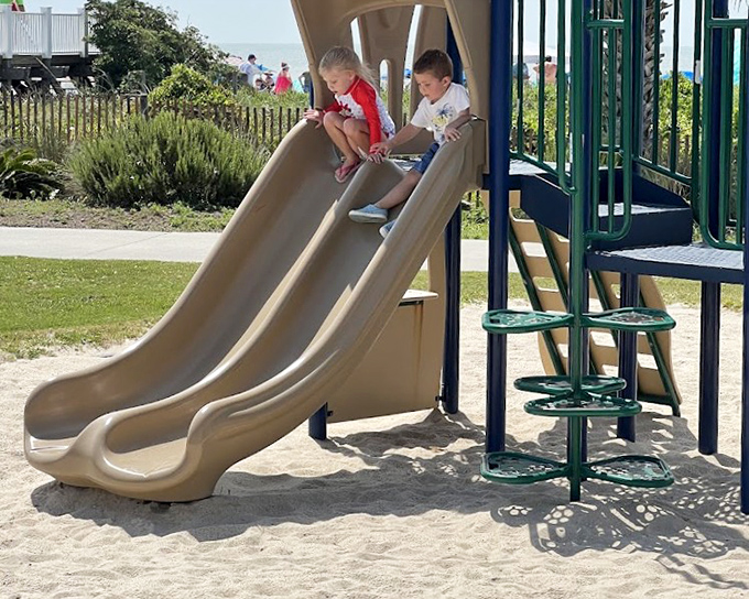 Double the fun on parallel slides. These kids are experiencing what philosophers call "the present moment"&mdash;something adults pay meditation apps to rediscover.