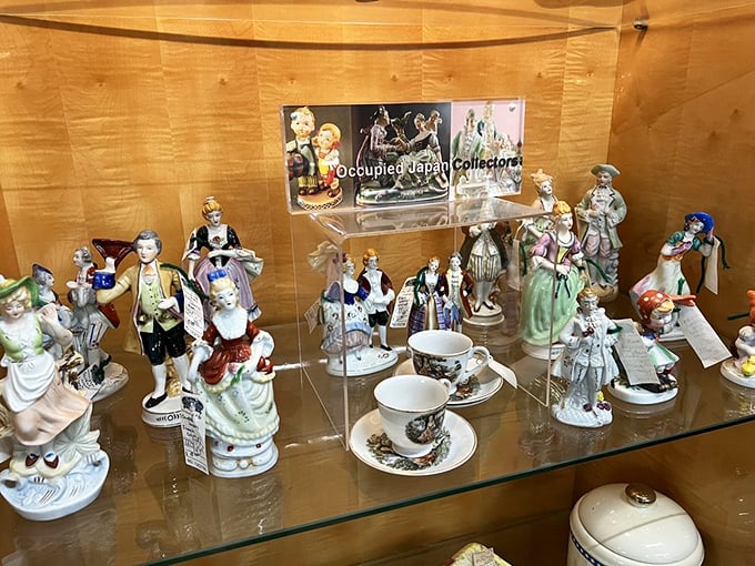 A collection of porcelain figurines frozen in eternal tea parties. These delicate dancers and aristocrats have been judging people's decor choices for decades.