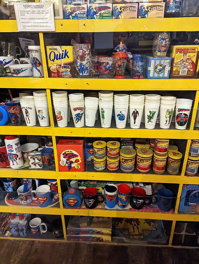 From Nestle Quik to Superman peanut butter, this collection shows how the superhero brand extended into American pantries and breakfast tables.