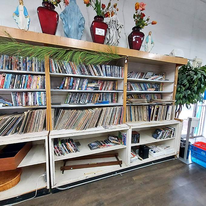Vinyl and DVDs galore! The media section is a nostalgic playground for entertainment enthusiasts of all generations.