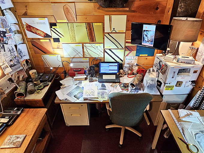 The researcher's desk&mdash;a beautiful chaos of notes, photos, and equipment&mdash;looks like the command center for someone who's either brilliant or beautifully obsessed.