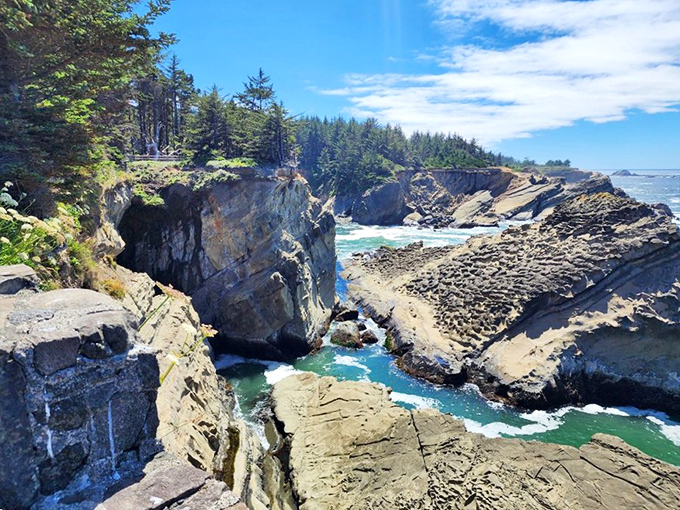 These ancient rocks tell Earth's autobiography in layers of stone, while waves provide the dramatic soundtrack.