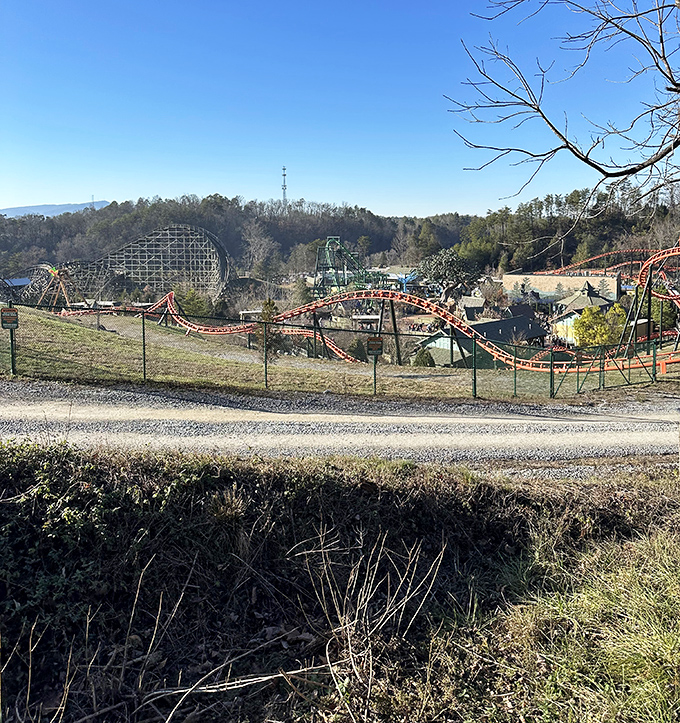 The train offers glimpses of Dollywood's modern thrills, a perfect juxtaposition of yesterday's transportation marveling at today's gravity-defying entertainment.