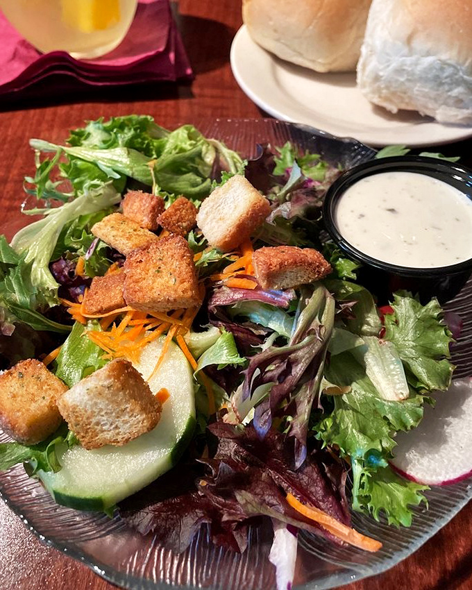 A salad that actually satisfies! Crisp greens, colorful veggies, and those homemade croutons that crunch like autumn leaves.