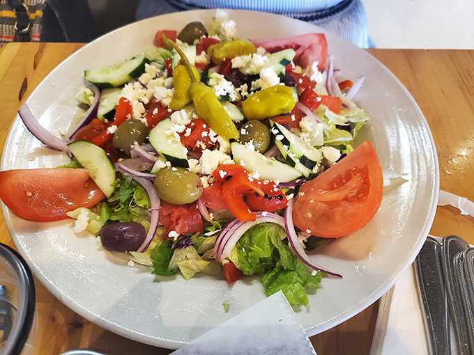 This Greek salad offers a fresh counterpoint to burger indulgence. Even vegetables dress for success at Grill-A-Burger.