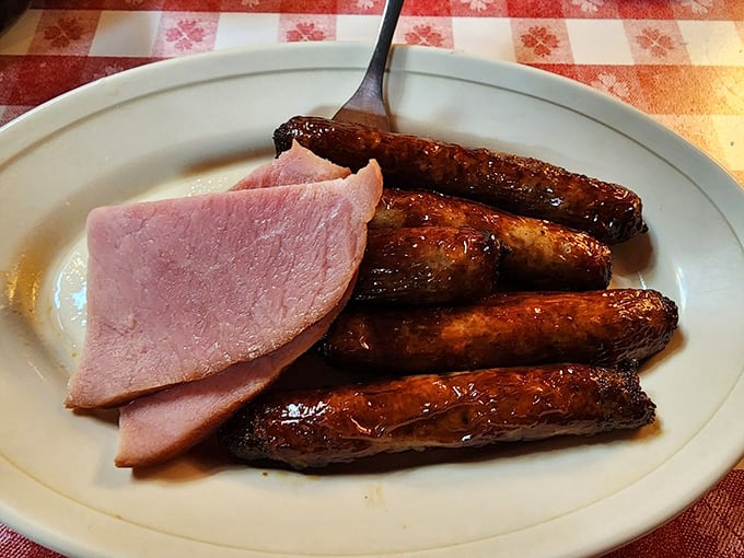 Breakfast sausages and ham that would make a vegetarian reconsider their life choices, if only for one glorious morning in Wisconsin Dells.