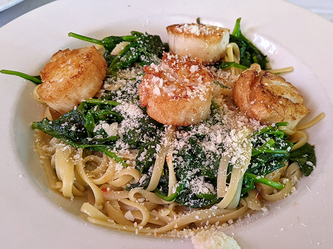 Scallops nestle atop fresh pasta and greens, creating a dish that's both elegant and satisfying in equal measure.