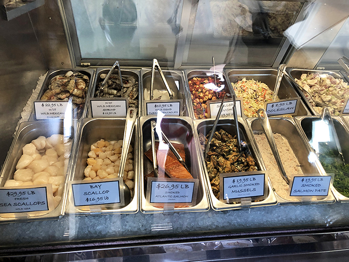 The seafood case &ndash; a treasure chest of oceanic delights where tomorrow's dinner waits for those wise enough to cook at home.