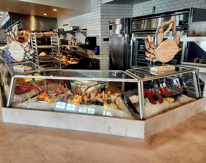 Seafood displayed like jewelry in this gleaming case. The wooden crab cutouts aren't fooling anyone&mdash;we want the real treasures on ice.