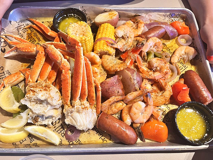 A seafood boil that's basically a treasure chest of ocean delights &ndash; crab legs, shrimp, corn, and potatoes swimming in seasoned butter.