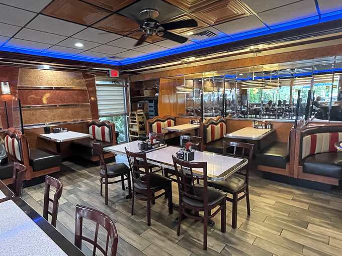 Wood paneling and comfortable booths create dining areas where you'll want to linger long after your plate is clean.