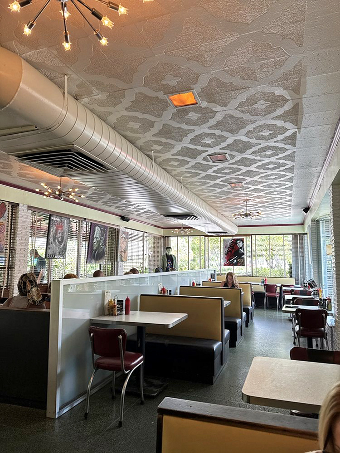 Booths that have cradled conversations for decades. The mid-century ceiling fixtures cast the perfect glow for both first dates and regular breakfast clubs.