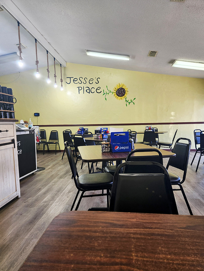No-nonsense seating and cheerful wall art create the perfect backdrop for the main character of your morning: whatever delicious plate you've ordered.