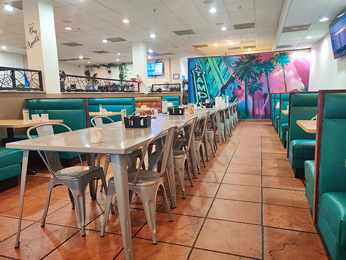 Spacious seating with tropical murals creates the perfect backdrop for leisurely morning conversations and people-watching.