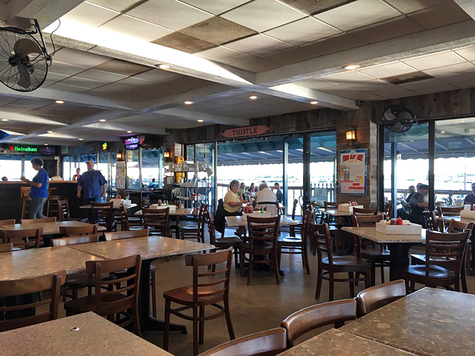 A dining room where the dress code is "whatever you wore on the boat" and the only reservation you need is a healthy appetite.