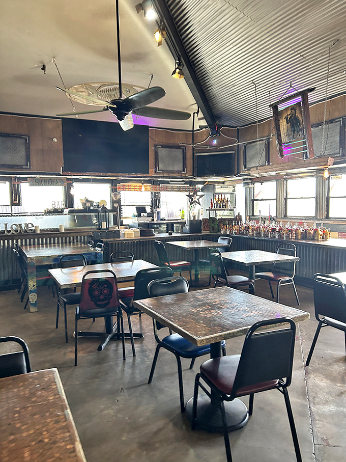 More industrial-chic than beachy, this dining area proves Mrs. Olson's isn't just coasting on views &ndash; the atmosphere has character to spare.
