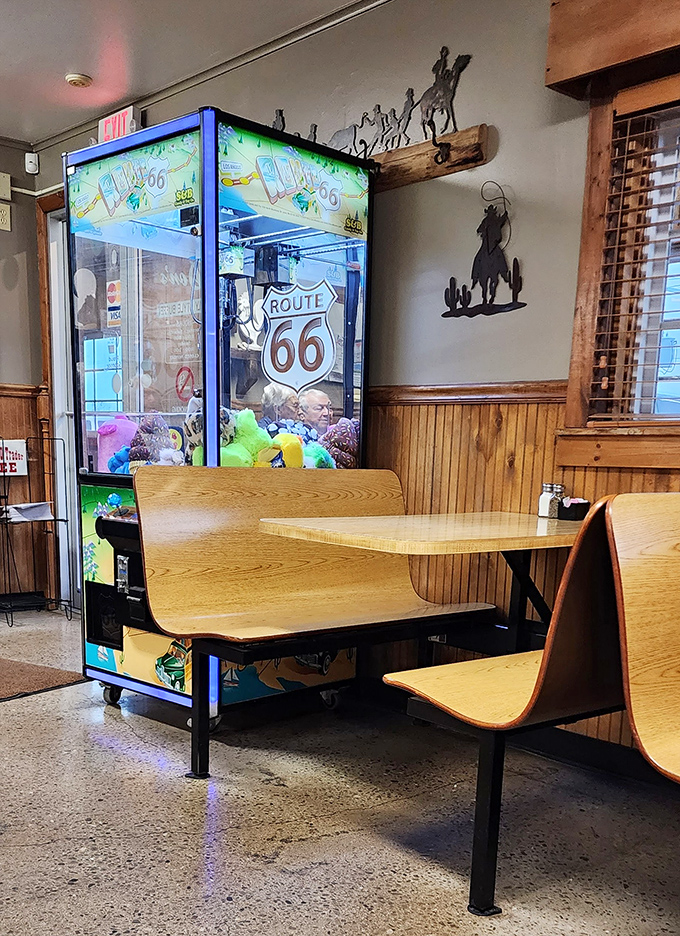 A claw machine and Route 66 nostalgia remind you that dining here is as much about the experience as the exceptional food.