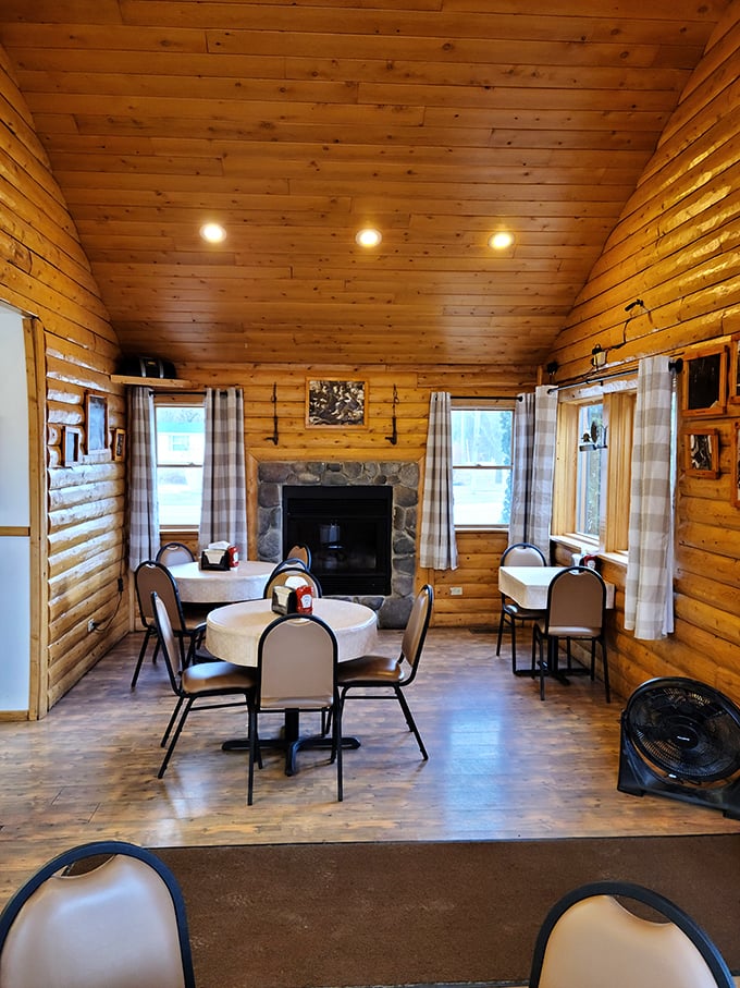 That stone fireplace adds cabin coziness to your dining experience &ndash; like eating at a friend's lake house.