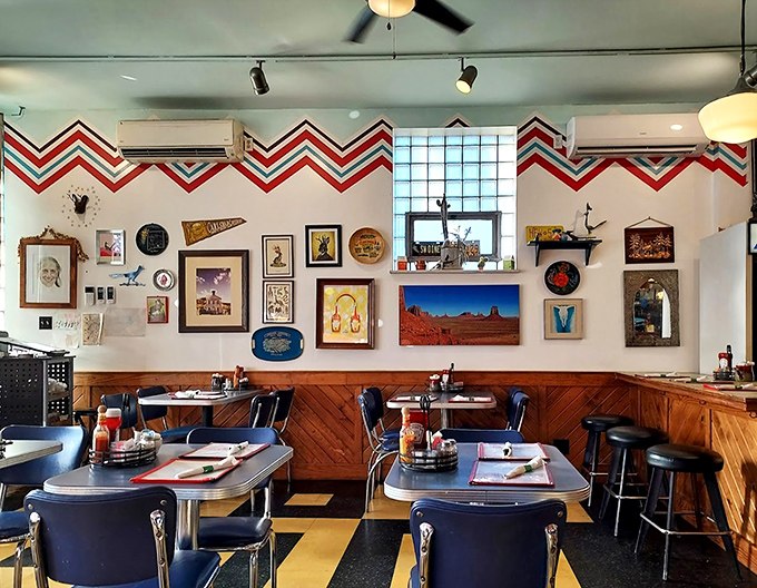 Chevron patterns and gallery walls create a space that's equal parts art installation and comfort zone&mdash;somewhere between Santa Fe and St. Louis.