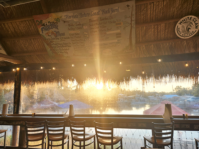 Sunset transforms the simple seating area into a golden-hued dining experience that no designer could replicate.