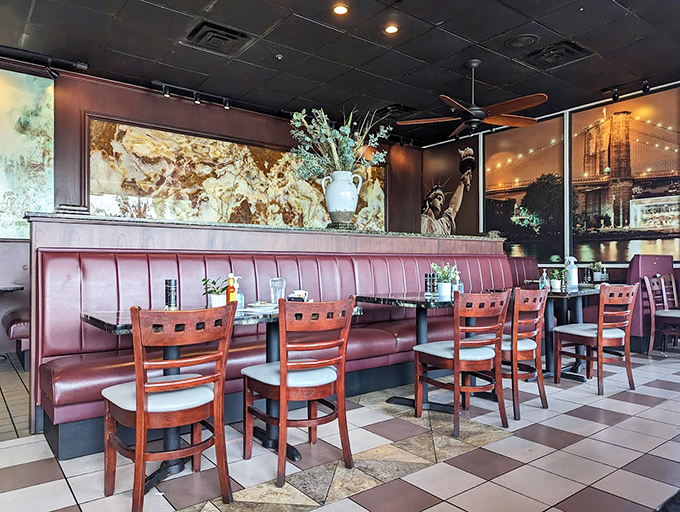 These burgundy booths have witnessed countless first dates, family celebrations, and solo diners savoring both meals and moments of peace.