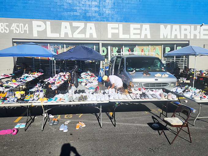 A shoe seller's dream display &ndash; hundreds of footwear options spread across tables like an all-you-can-wear buffet for your feet.