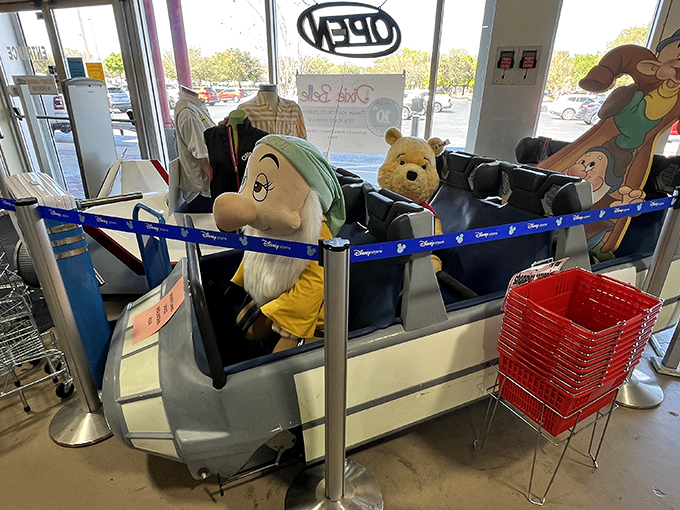 Disney characters wait patiently in line, ready for their forever homes. Sleepy the dwarf seems appropriately tired of waiting, while Winnie the Pooh looks hopeful for new adventures.