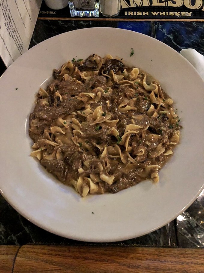 Short rib stroganoff that doesn't just sit on the plate but beckons with tender meat and ribbons of pasta swimming in a sauce worth sipping with a spoon.