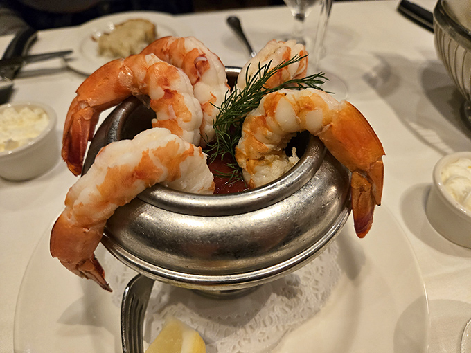 Jumbo shrimp cocktail served in a silver chalice&mdash;because at Lawry's, even the appetizers deserve a throne of their own.