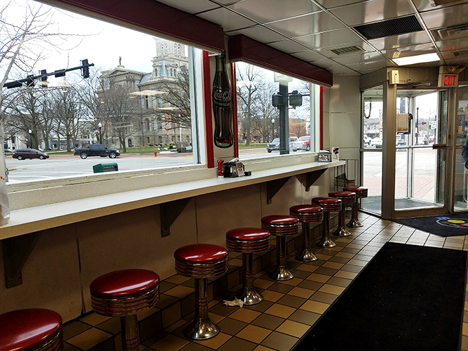 Counter seats offering front-row views to downtown Sidney and the courthouse&mdash;dinner with a show, small-town Ohio style. 